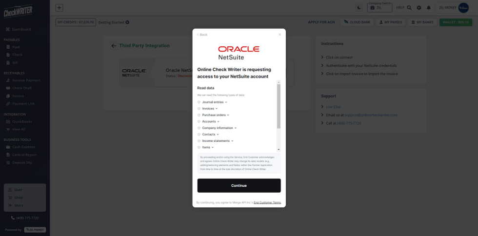 Oracle NetSuite Integration with Check Printing Platform